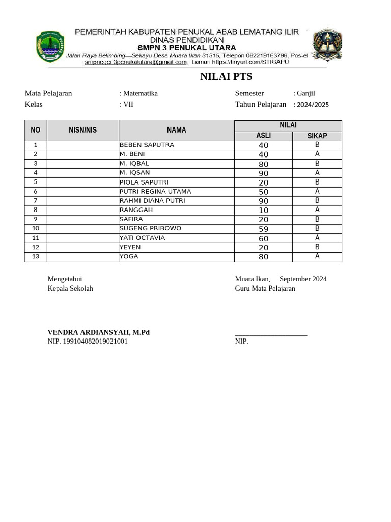 Blanko Nilai Matematika | PDF