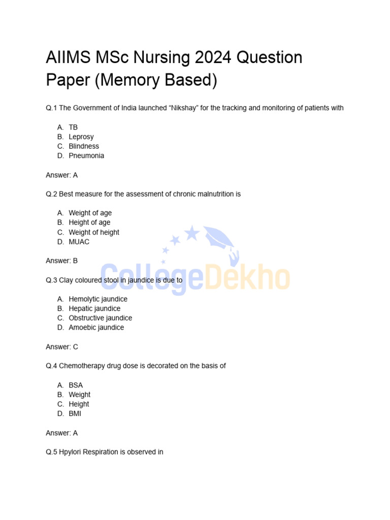Aiims MSC Nursing 2024 Question Paper Memory Based | PDF
