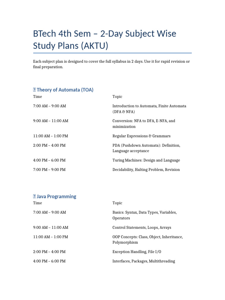 Revised All Subjects 2-Day Study Plans BTech AKTU | PDF | Automata Theory | Theory Of Computation