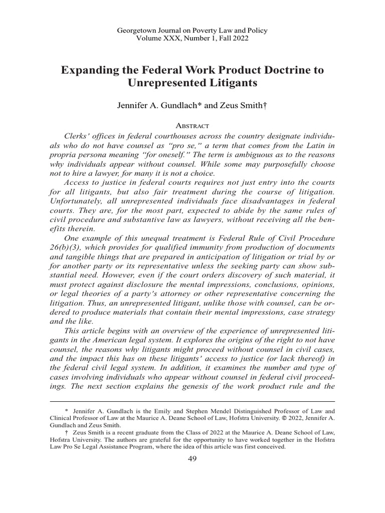Expanding The Federal Work Product Doctrine To Unrepresented Litigants ...