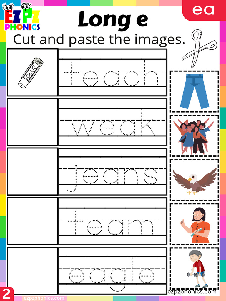 2 Group2 EA Words Cut and Paste The Images Long E Phonics Worksheet | PDF