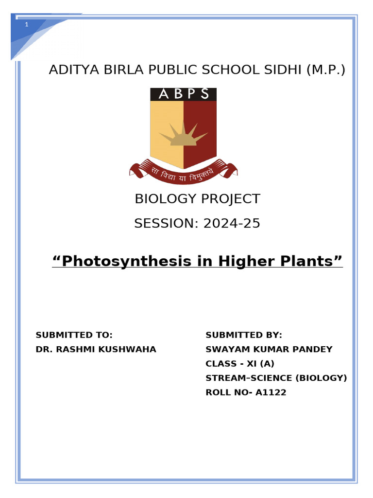 Photosynthesis in Higher Plants Project | PDF