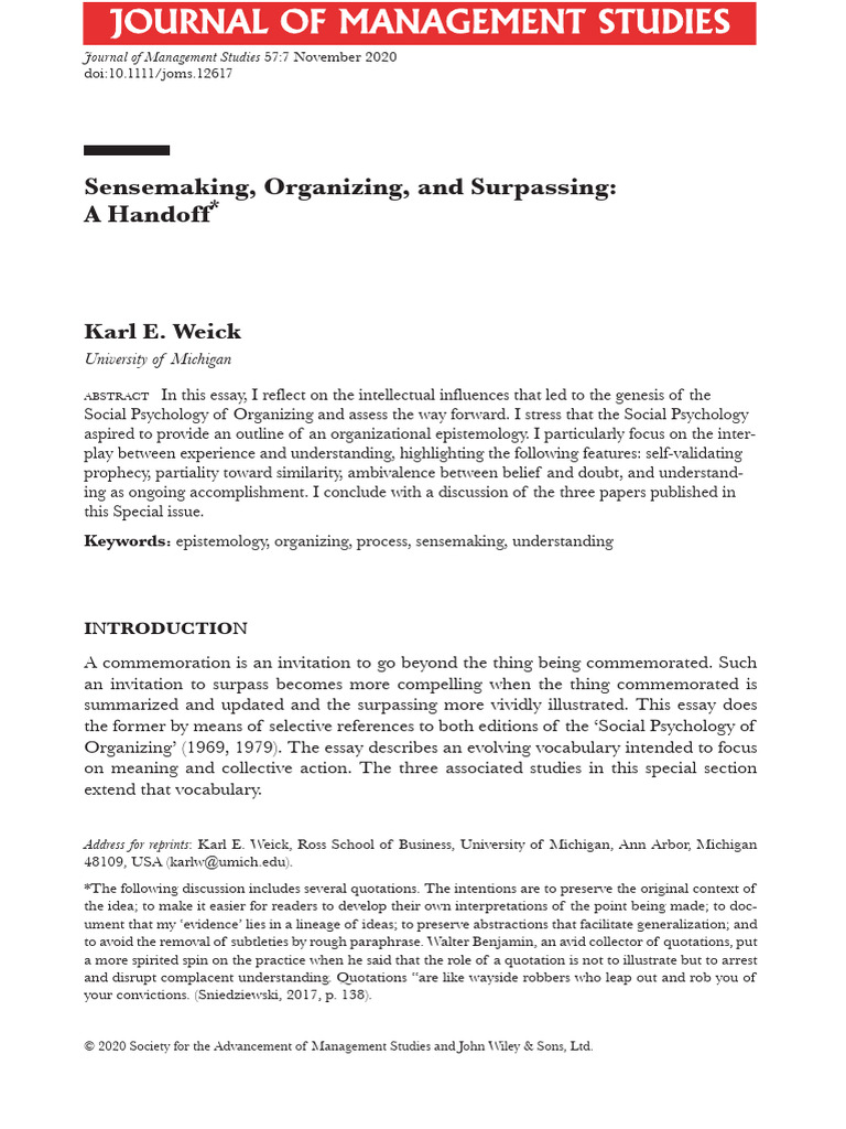 WEICK, Karl E. Sensemaking, Organizing, and Surpassing - A Handoff ...