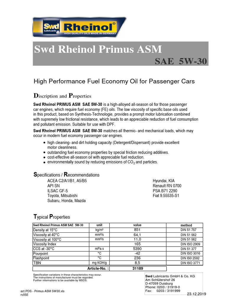 Rheinol Primus ASM 5W-30 Overview | PDF | Motor Oil | Vehicle Technology