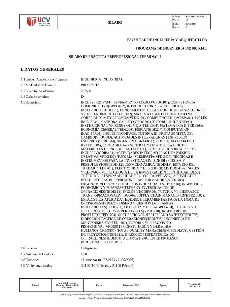 Sílabo de Práctica Preprofesional Terminal I - 2025 I | PDF | Calidad (comercial) | Business