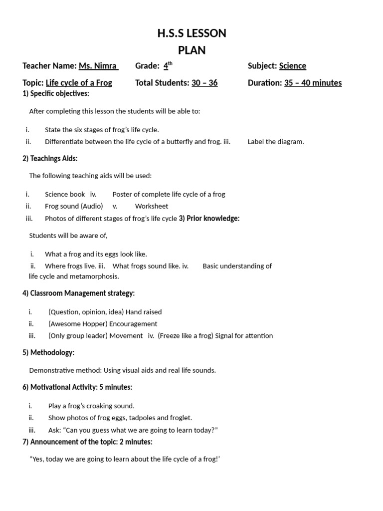 Lesson Plan Life Cycle of Frog | PDF | Frog | Teachers
