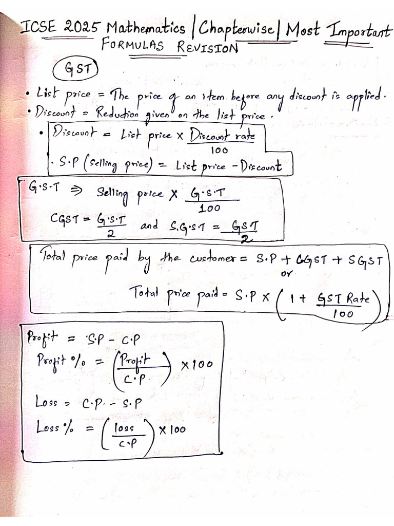 Ics e Maths Formula Sheet 2025 | PDF