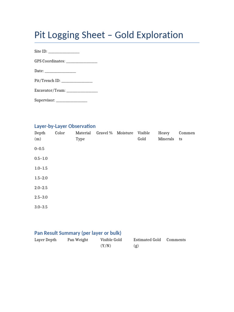 Gold Exploration Pit Logging Sheet | PDF