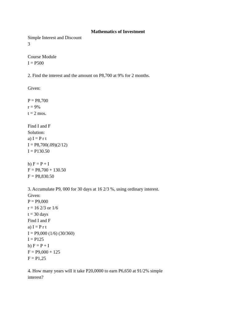 Simple Interest and Discount Calculations | PDF | Interest | Discounting