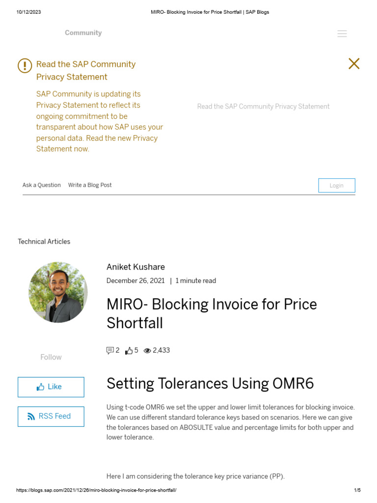 MIRO - Blocking Invoice For Price Shortfall - SAP Blogs | PDF