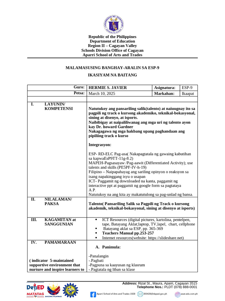 Lesson Plan Sa Uri NG Talento | PDF