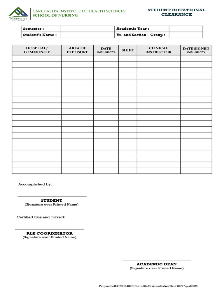 SON Form - Student Rotational Clearance | PDF