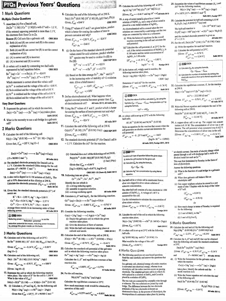 Electrochemistry (Board Pyqs) CAG | PDF