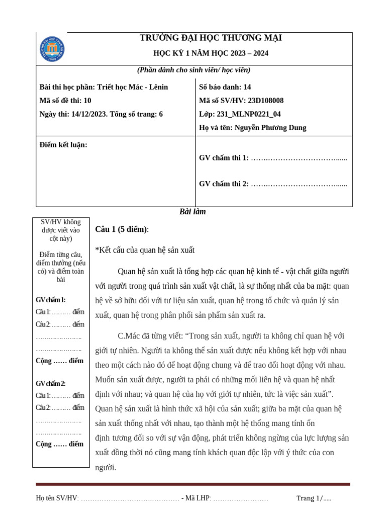 14 - Nguyễn Phương Dung - 231 - MLNP0221 - 04 | PDF