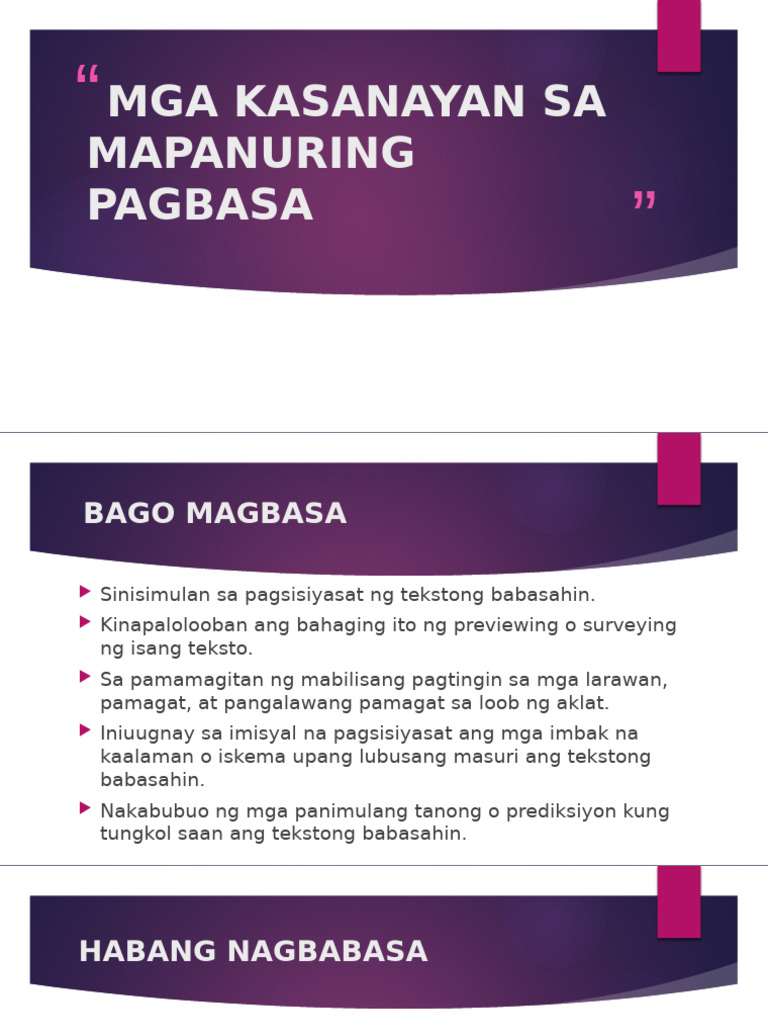 Mga Kasanayan Sa Mapanuring Pagbasa | PDF