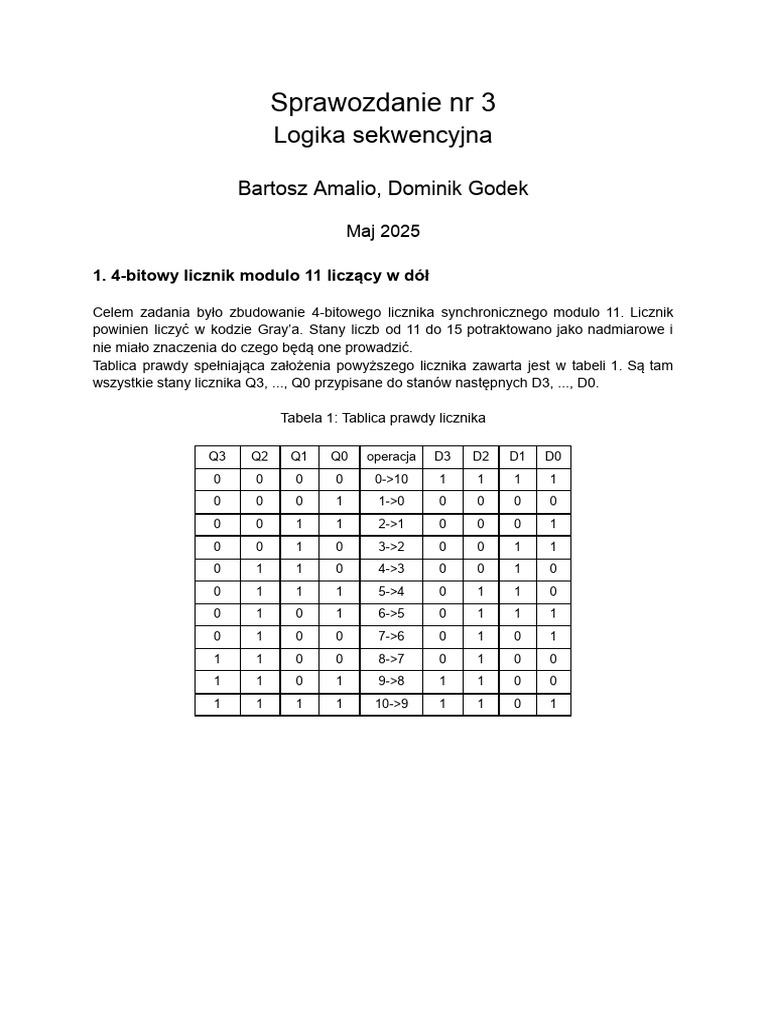 Logika Sekwencyjna - Sprawozdanie Bartosz Amalio, Dominik Godek | PDF