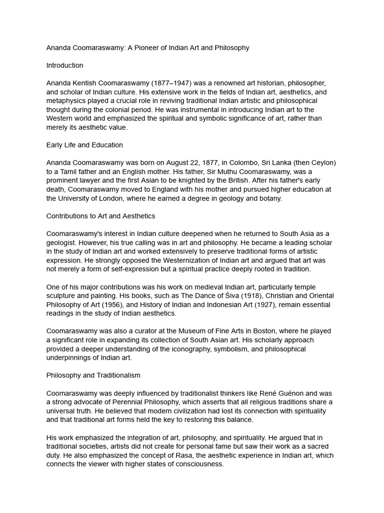 Ananda Coomaraswamy - A Pioneer of Indian Art and Philosophy | PDF ...