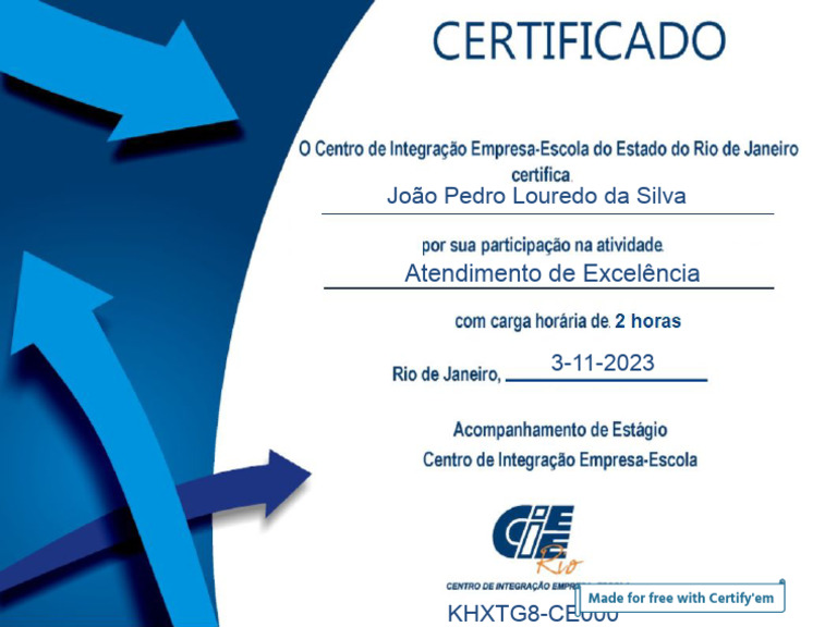 Certificate for Jo_o Pedro Louredo Da Silva for _Atendimento de Excel_ncia | PDF