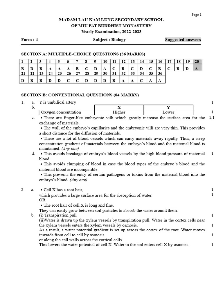 2223 F4 BIO Yearly Exam (Solution) | PDF | Blood | Capillary