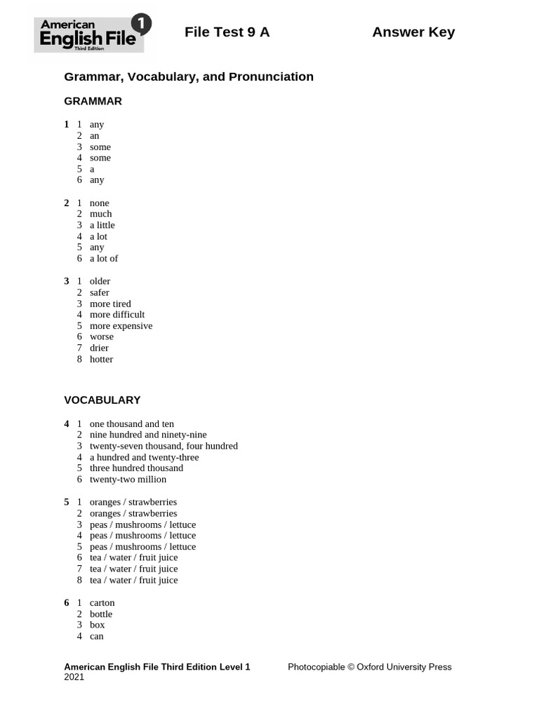 Aef3e L1 Filetest 09a Answer Key Pdf English Language Question