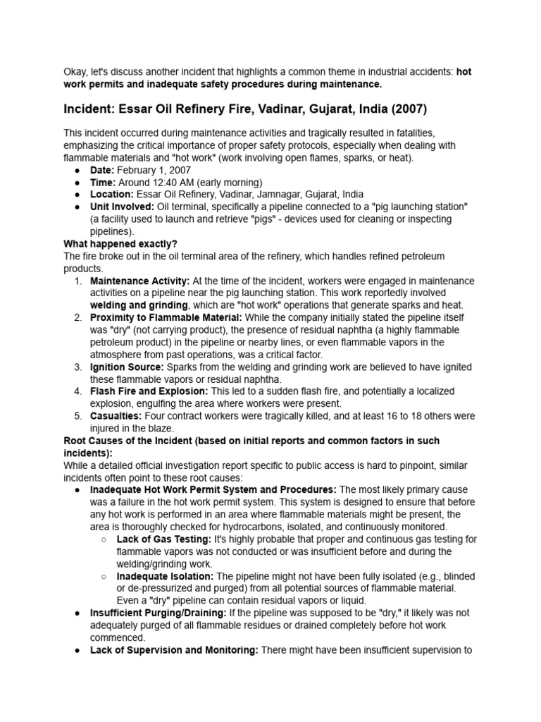 Hot Work Permit Incident | PDF | Oil Refinery | Safety