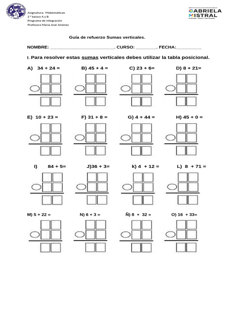 Guia Refuerzo Sumas Verticales | PDF