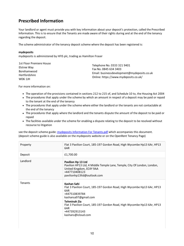 Deposit Protection Certificate For Flat 3 Pavilion Court HP13 6AR - Ref ...