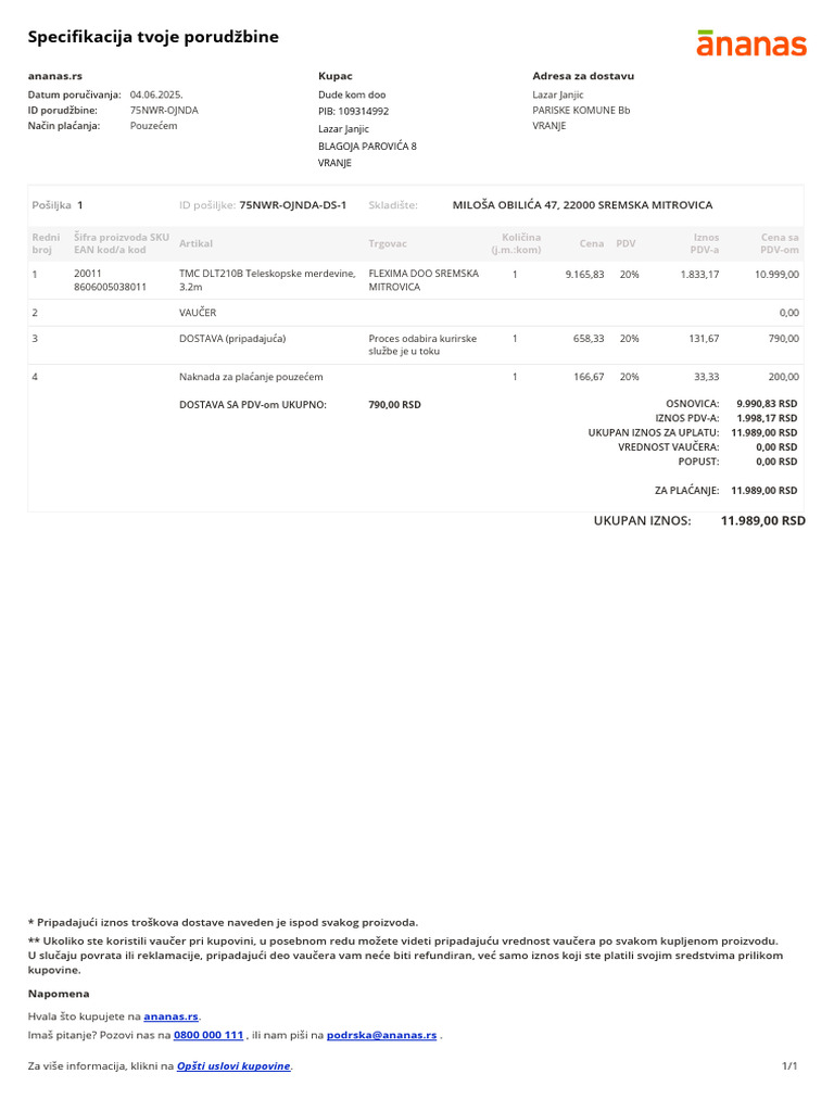 Specifikacija Porudzbine 250604 121314 | PDF