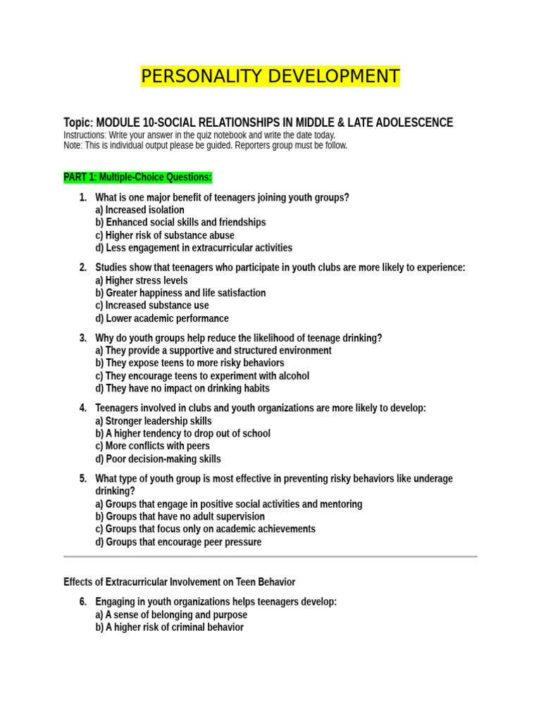 Personality Development Activity 10 Pdf Adolescence Leadership