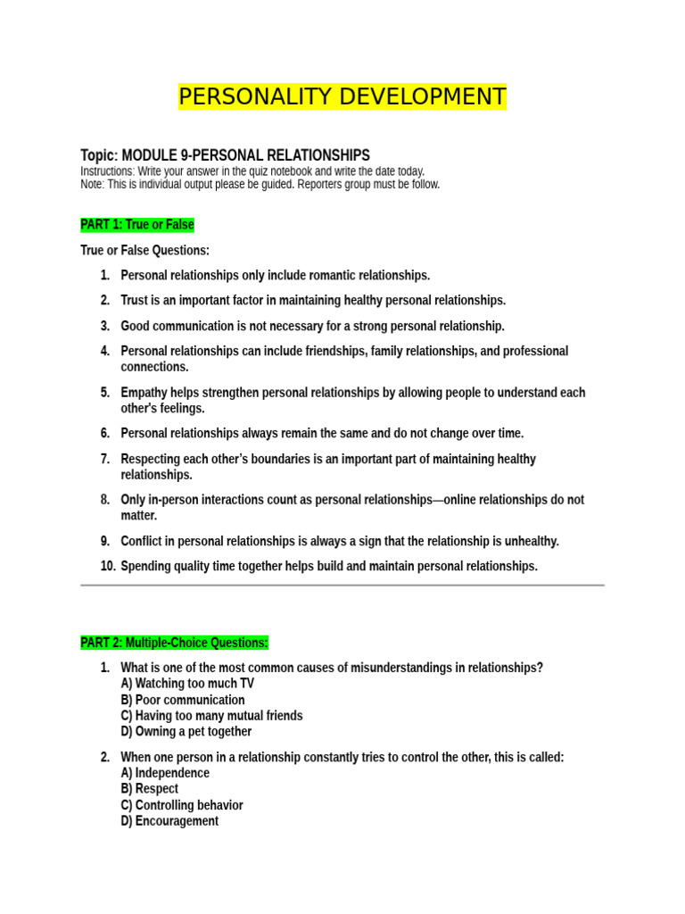 Personality Development Activity 9 | PDF | Intimate Relationships ...