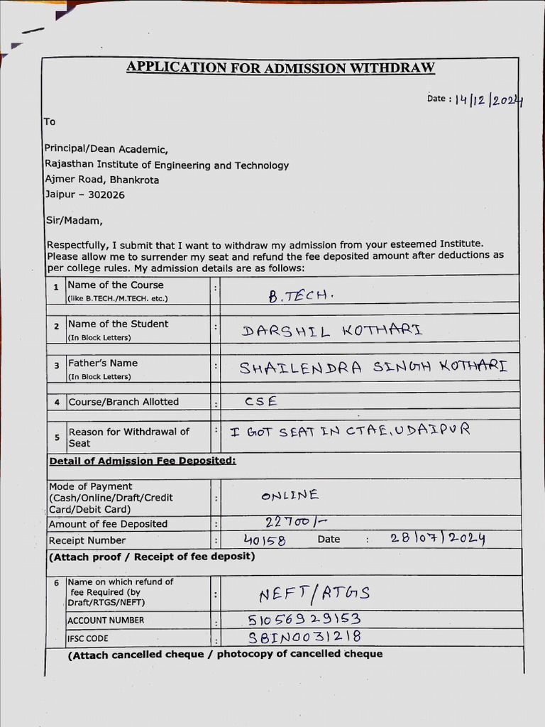 Application For Addmission Withdrawl | PDF