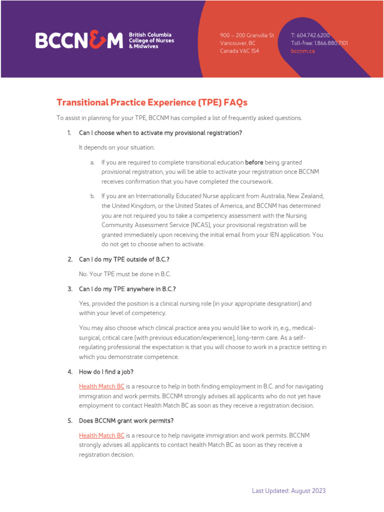 BCCNM Transitional Practice Experience FAQs | PDF | Health Care