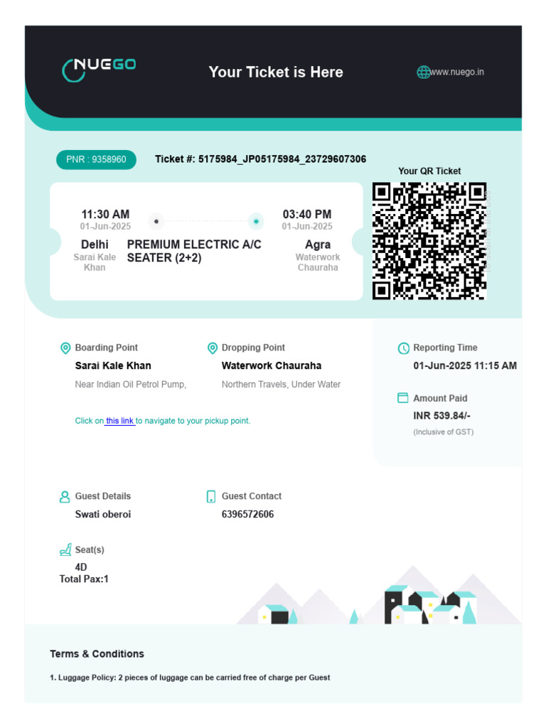 Your Ticket Is Here: 11:30 AM 03:40 PM Delhi Premium Electric A/C SEATER (2+2) Agra | PDF