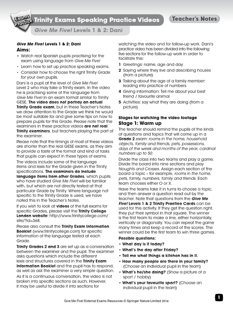 GMF L1&2 Trinity Speaking Exam Videos Teacher's Notes | PDF