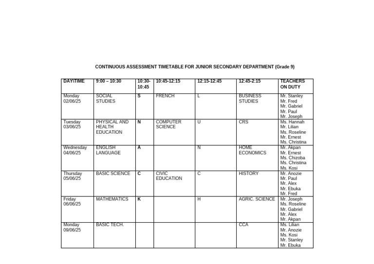 Third Term 2nd CA TIMETABLE FOR GRADE 9 | PDF