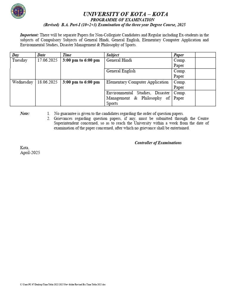 Revised BA Exam Schedule 2025 | PDF