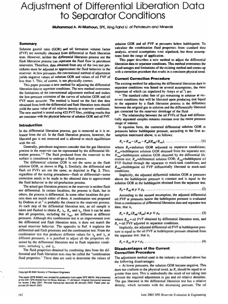 Al-Marhoun-Adjusment of Differential Liberation Data To Separation Conditions | PDF