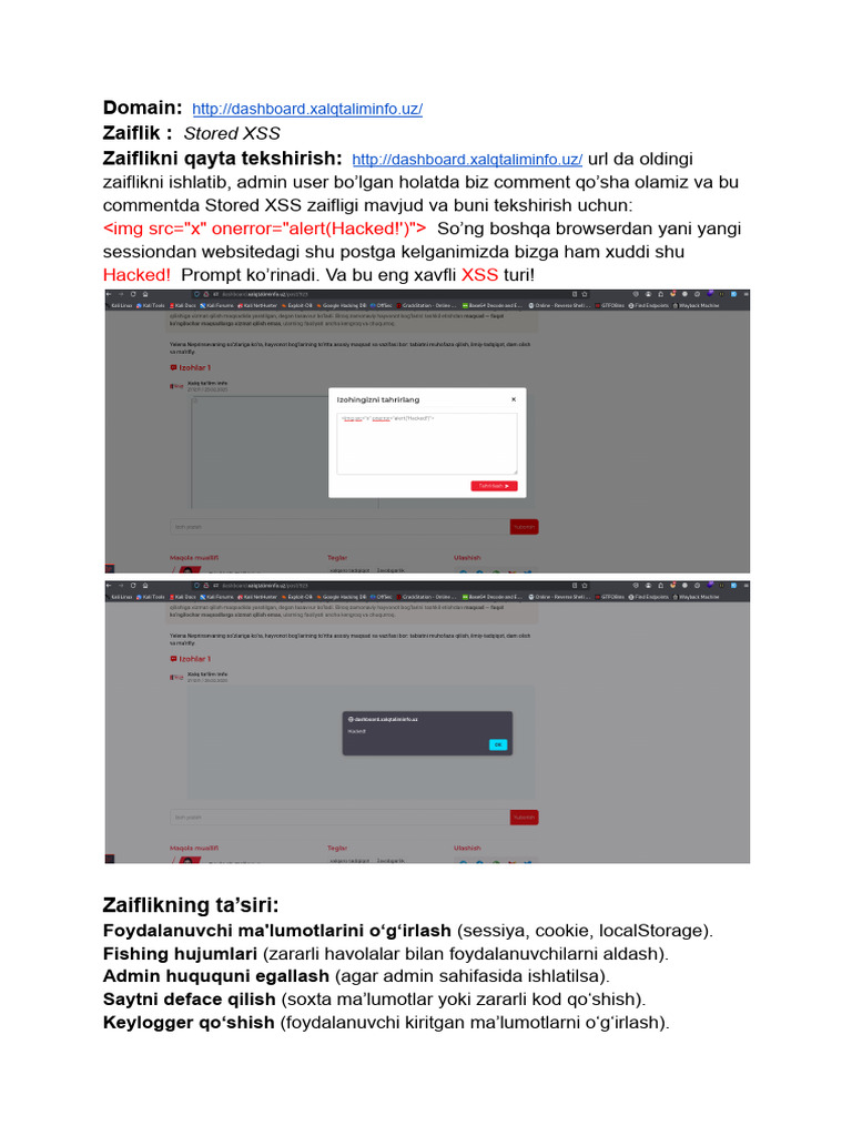 Domain: Zaiflik: Zaiflikni Qayta Tekshirish:: Stored XSS | PDF