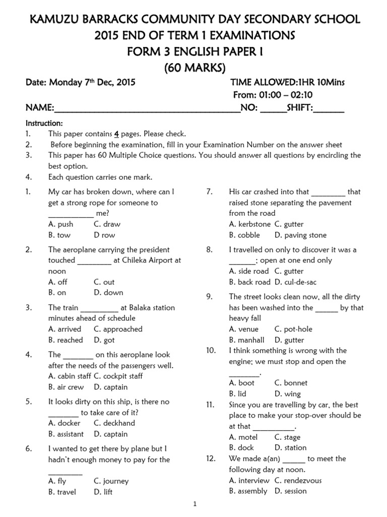 Form 3 English Exam Paper 2015 | PDF | Adjective | Adverb