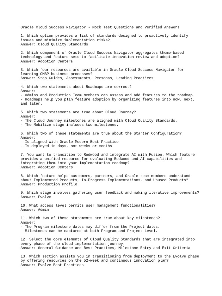 Oracle Cloud Success Navigator Mock Test Answers | PDF | Cloud ...
