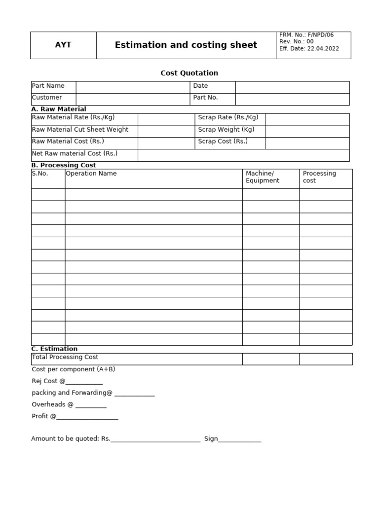 F.npd.06. Estimation and Costing Sheet | PDF