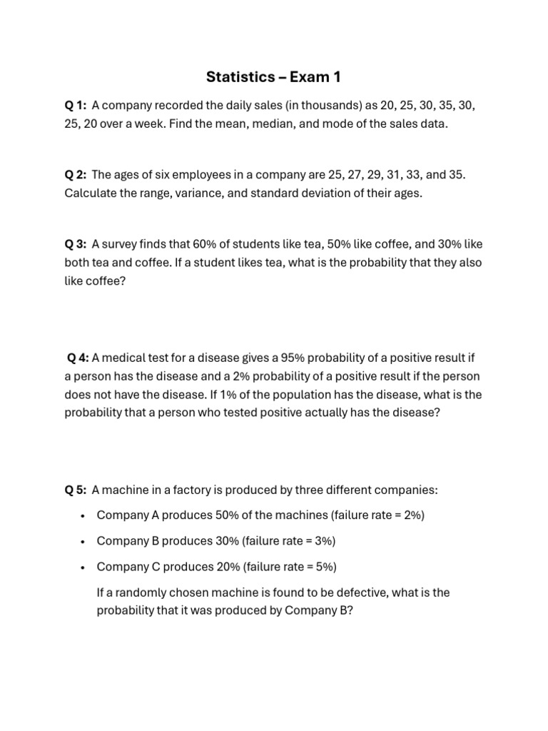 Statistics Exam 1: Mean, Median, Probability | PDF