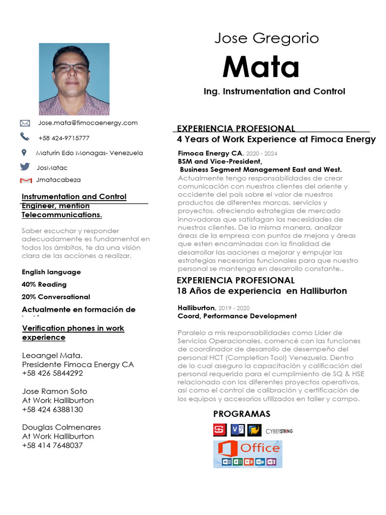 CV-Jose Mata 2024 Esp | PDF | Petróleo | Industria petrolera
