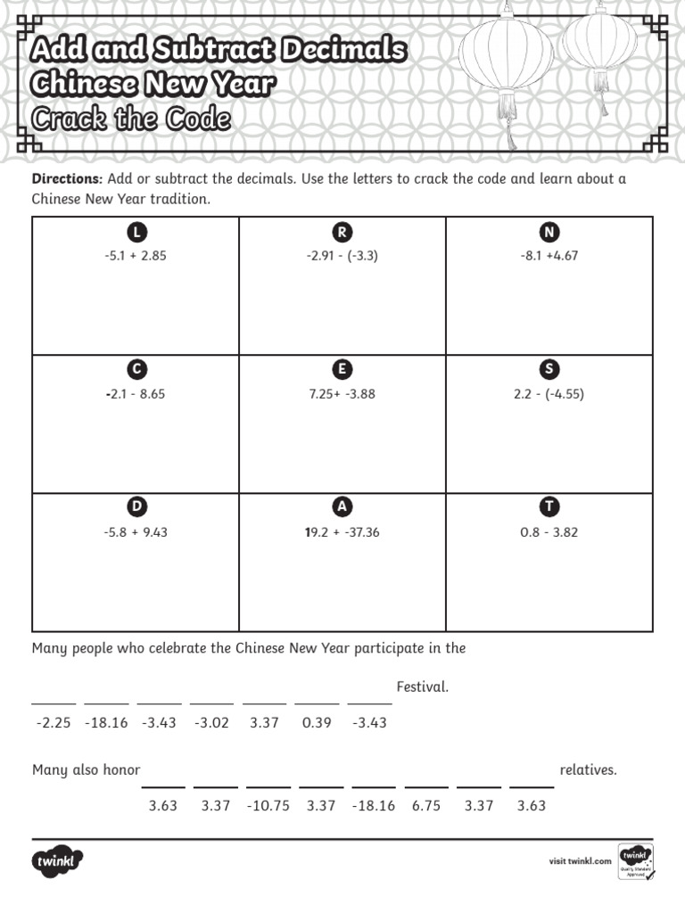 Add and Subtract Decimals Chinese New Year | PDF
