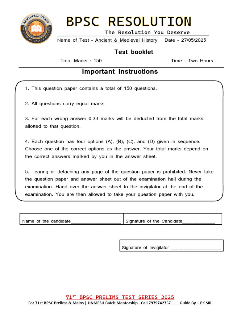 Question Page Prelims Test Series Test 03 English BPSC RESOLUTION | PDF