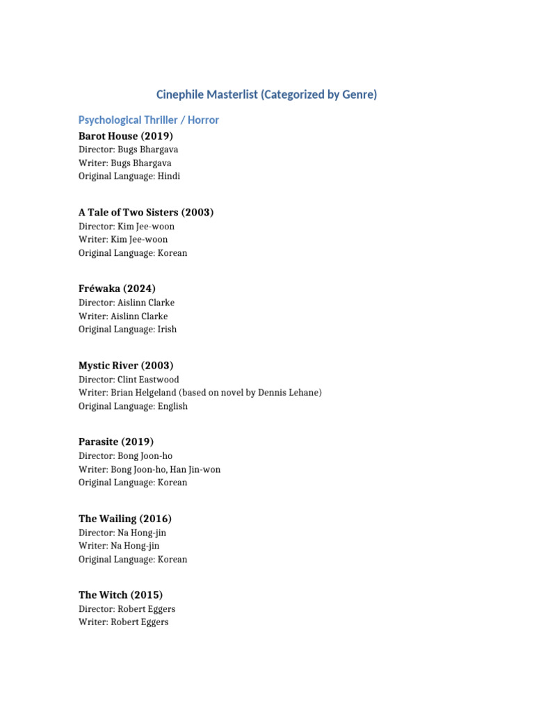 Cinephile Masterlist by Genre Complete | PDF