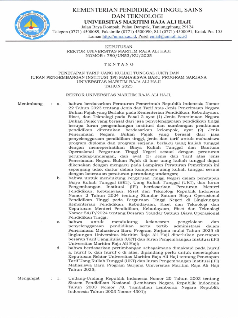 780 - Penetapan Tarif Uang Kuliah Tunggal (UKT) Dan Iuran Pengembangan Isntitusi (IPI) | PDF