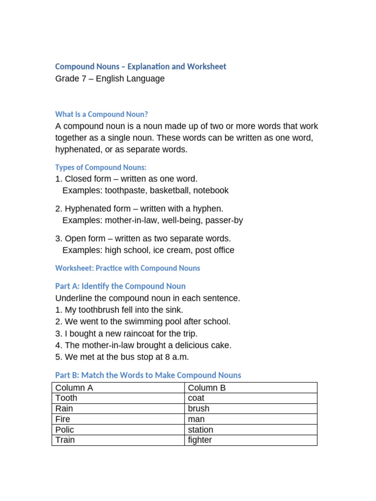 Grade 7 Compound Nouns Worksheet | PDF