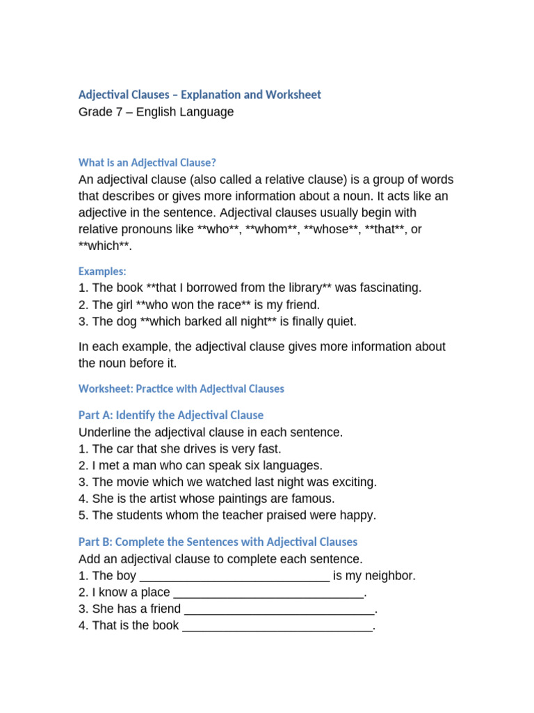 Adjectival Clauses Grade7 Worksheet With Memo | PDF | Adjective | Clause