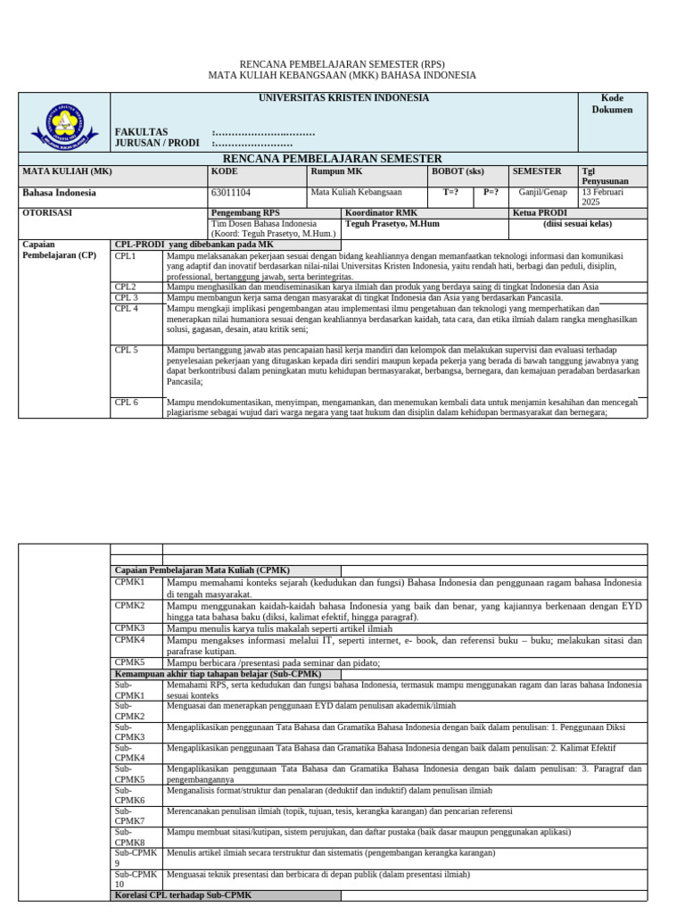 OBE - RPS MKK Bahasa Indonesia 13 Feb 2025 | PDF